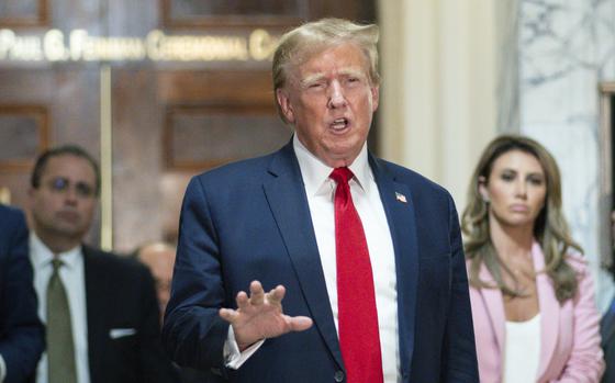 File Former President Donald Trump Speaks After Exiting The Courtroom For A Break At New York